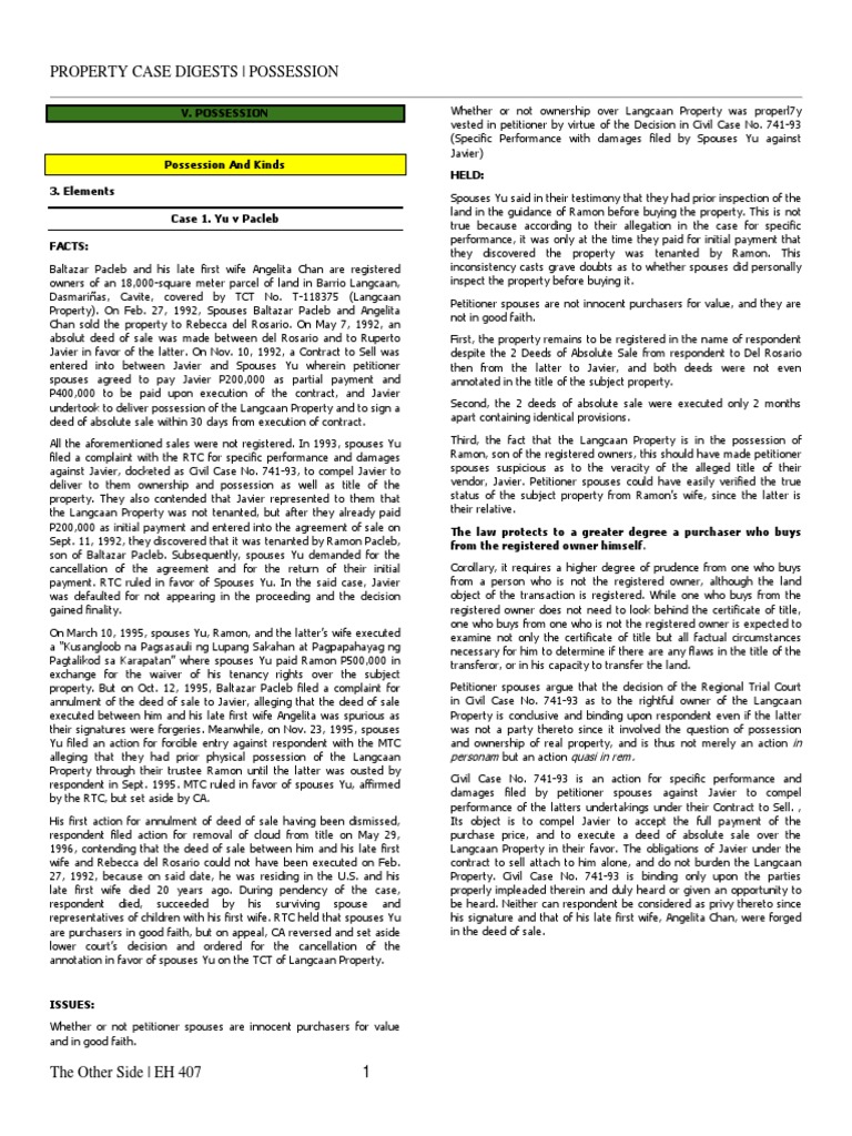 Property Case Digests - Possession | PDF | Ownership | Real Property
