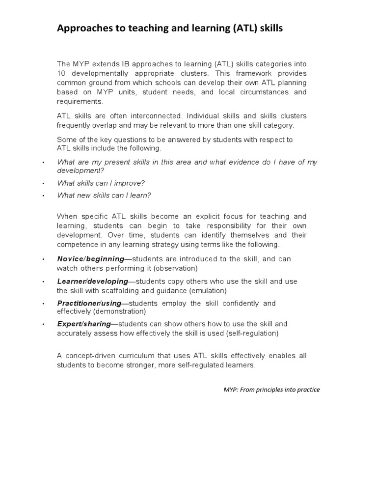 Atl Skills Approaches To Learnin | PDF | Critical Thinking | Learning