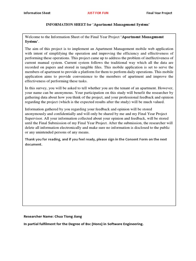 Apartment Management System': Information Sheet For | PDF | Business