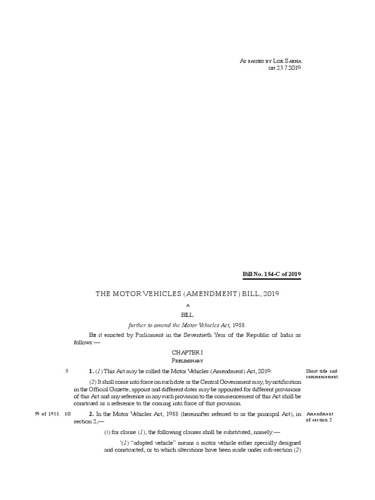The Motor Vehicles (Amendment) Bill, 2019: Bill No. 154-C of 2019 | PDF ...