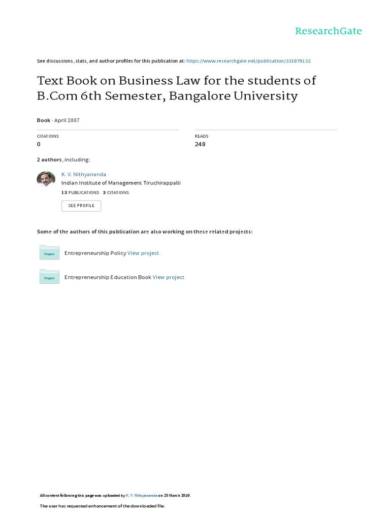 Business Law Textbook for B.Com Students at Bangalore University | PDF