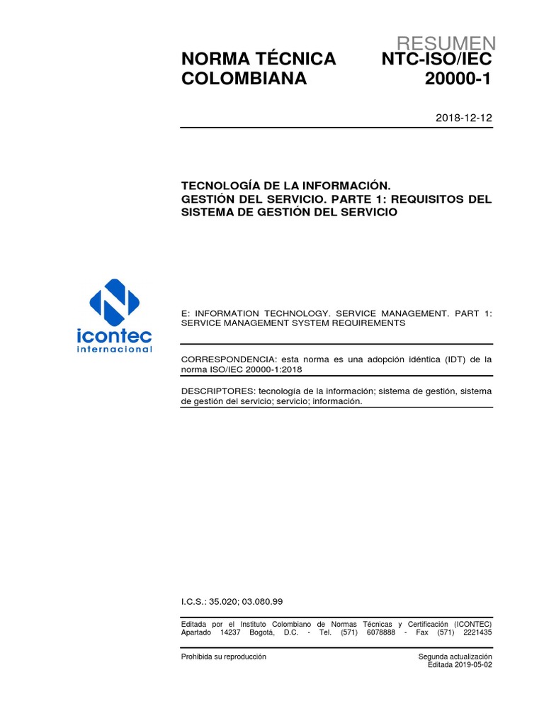 Norma Técnica Ntc-Iso/Iec Colombiana 20000-1: Resumen | Organización internacional para la ...