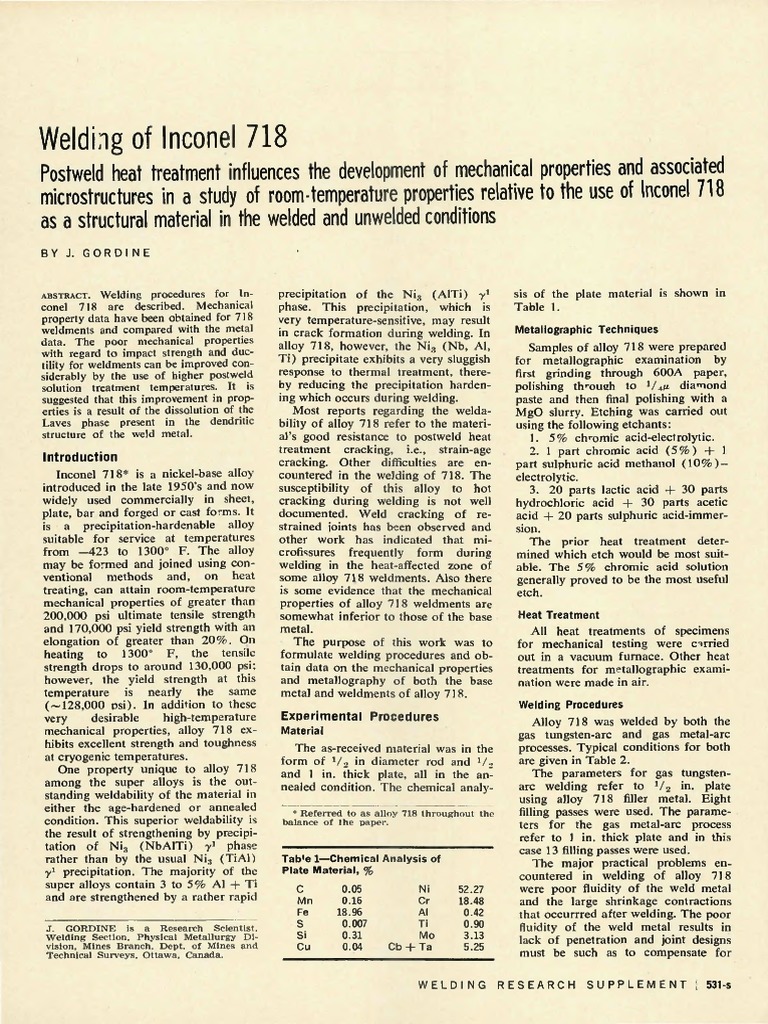 Welding of Inconel 718: Byj. Gordine | PDF | Heat Treating | Alloy