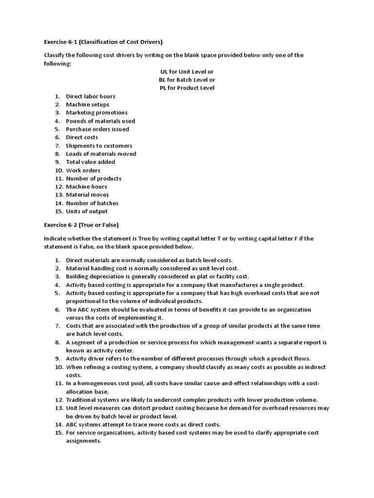 Exercise 6-1 (Classification of Cost Drivers) | PDF | Cost | Business ...