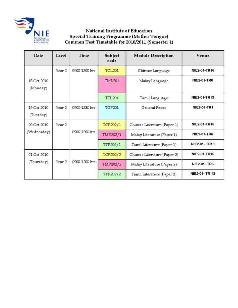 2010/2011 Common Test Timetable | PDF | Semiotics | Languages