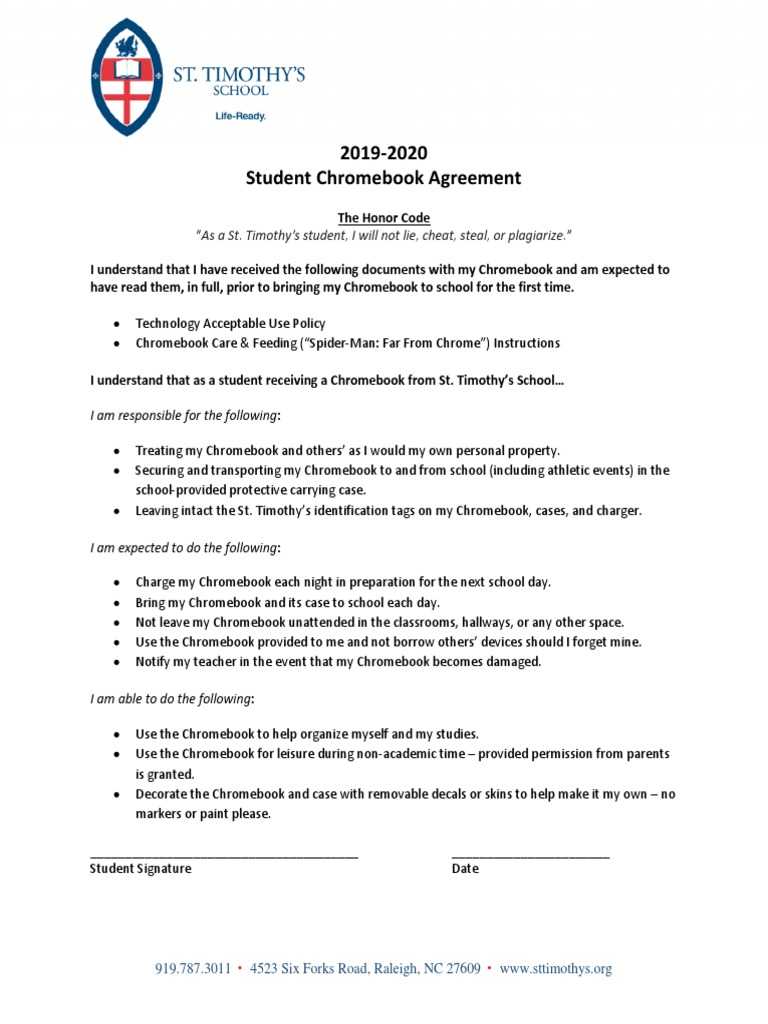 2019-2020 Student Chromebook Agreement: "As A St. Timothy's Student, I ...