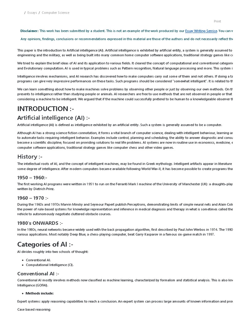 Artificial Intelligence Essay | PDF | Artificial Intelligence ...
