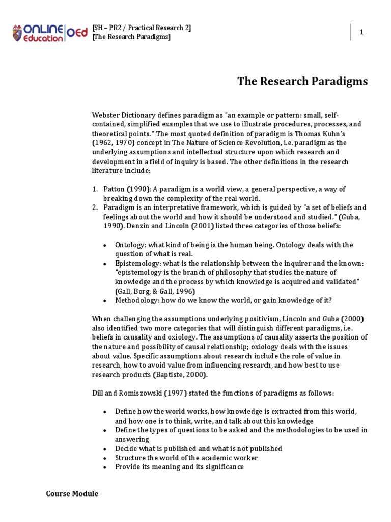 (SH - PR2 / Practical Research 2) (The Research Paradigms) 1 | PDF | Conceptual Framework | Paradigm