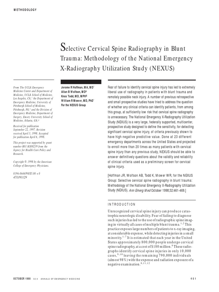 (NEXUS) Selective Cervical Spine Radiography in Blunt Trauma ...