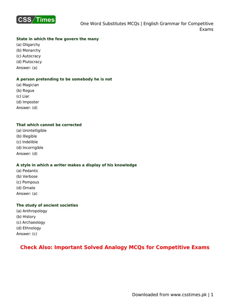 One Word Substitutes MCQs for Exams | PDF