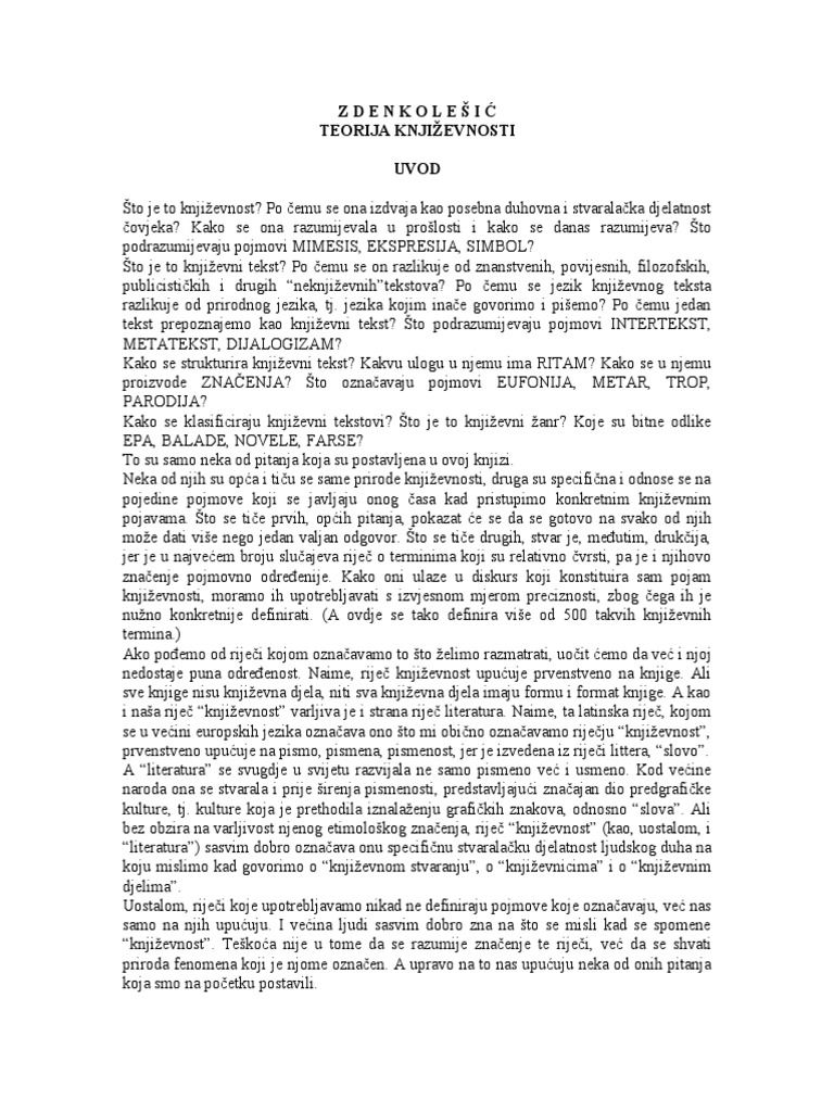 Teorija Književnosti Zdenko Lešić PDF | PDF