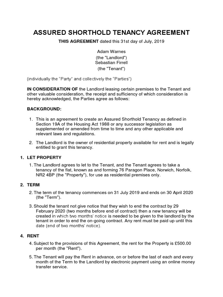 Assured Shorthold Tenancy Agreement: THIS AGREEMENT Dated This 31st Day of July, 2019 | Download ...