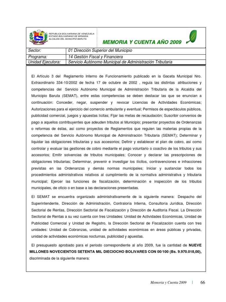 SEMAT Baruta: Memoria y Cuenta 2009 | PDF | Venezuela | Presupuesto