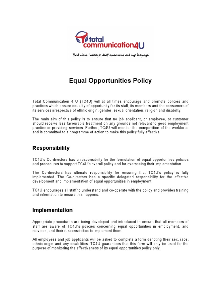 TC4U Equal Opportunities Policy | PDF | Equal Opportunity | Affirmative ... TC4U Equal Opportunities Policy | PDF | Equal Opportunity | Affirmative ...