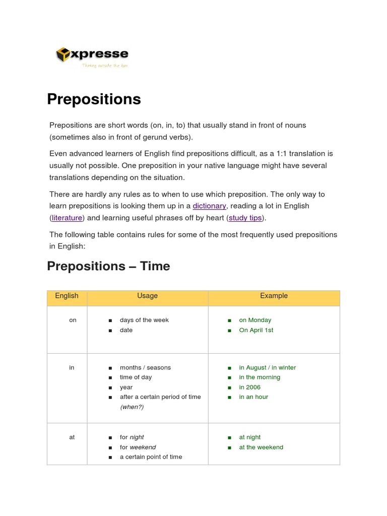 Prepositions - Time | PDF | Preposition And Postposition | English Language