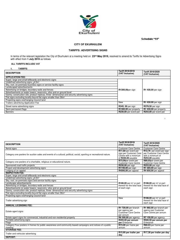 Schedule 19 For Outdoor Advertising Signs Tariffs 2019-20 | PDF ...