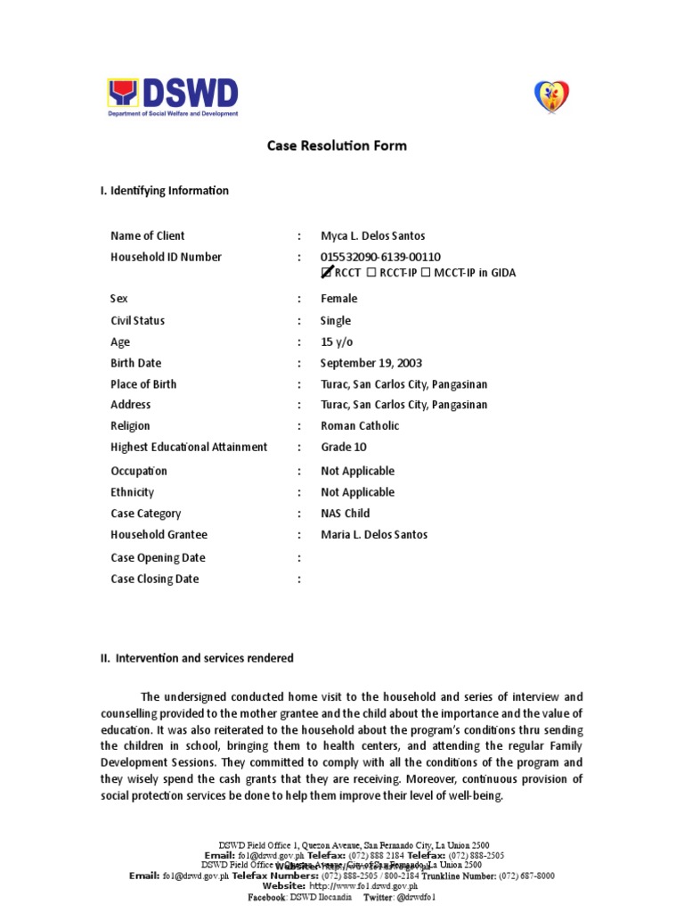 Case Resolution Form: I. Identifying Information | PDF | Social ...