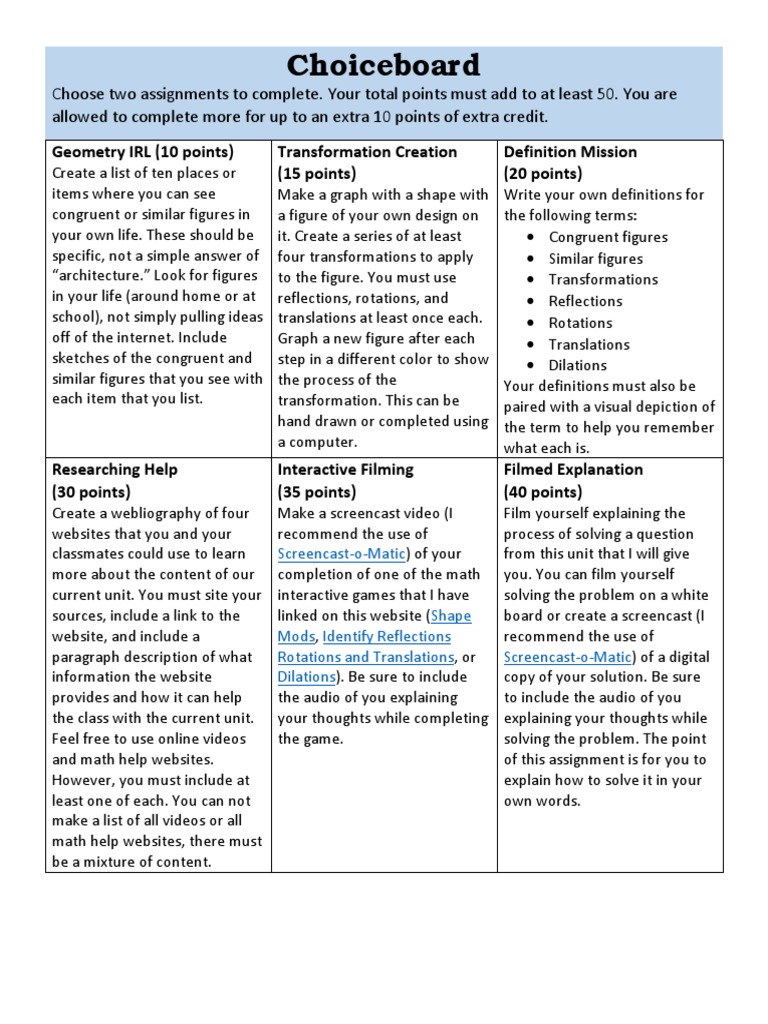 Choiceboard: Geometry IRL (10 Points) Transformation Creation (15 ...