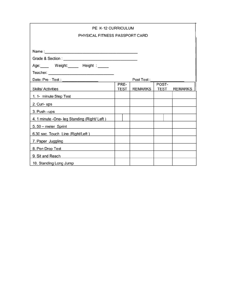 Physical Fitness Test Passport Card | PDF