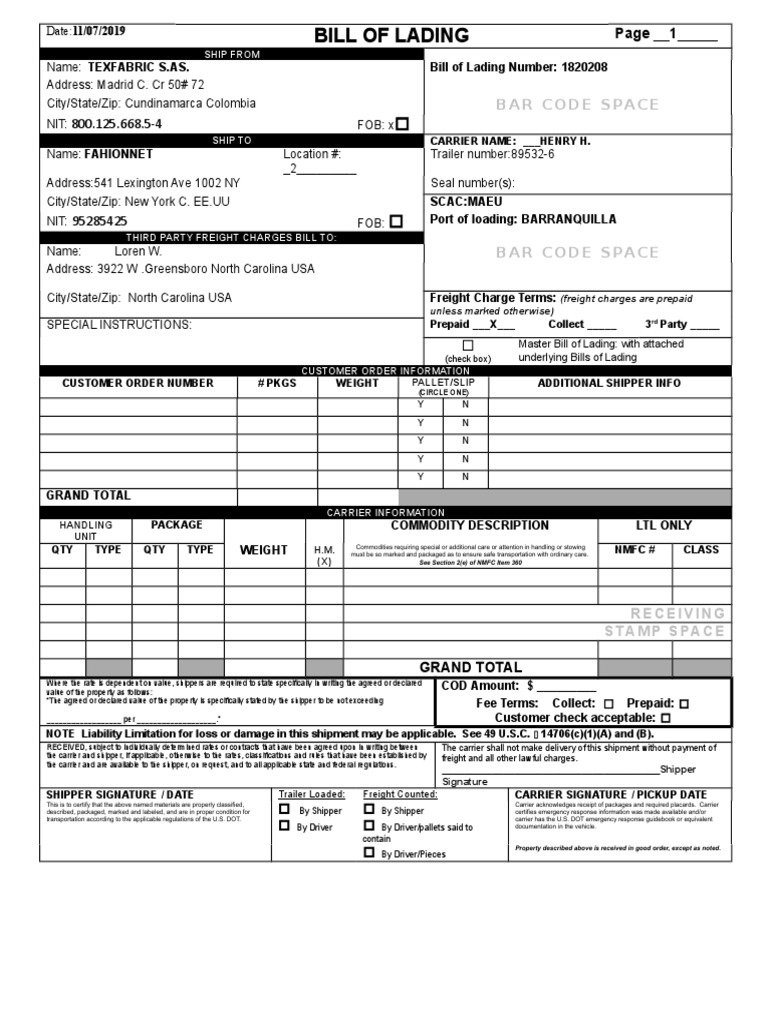 Bill of Lading: Bar Code Space | PDF | Cargo | Services (Economics)