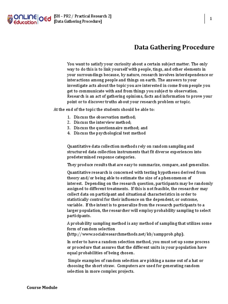(SH - PR2 / Practical Research 2) (Data Gathering Procedure) 1 | PDF ...