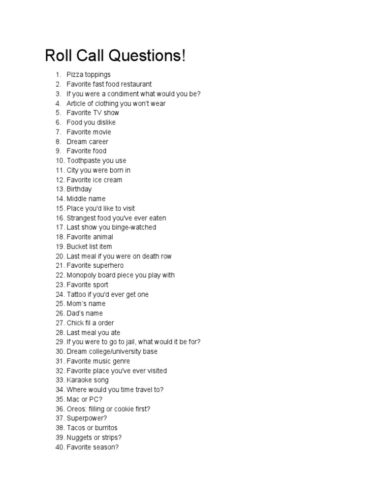 Fun Roll Call Questions for Meetings | PDF | Cuisine | Eating Behaviors ...