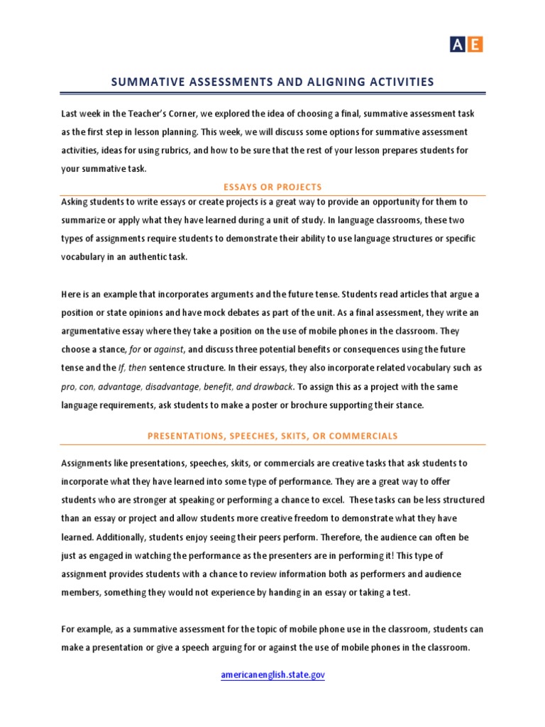 Summative Assessments and Aligning Activities: Essays or Projects | PDF ...