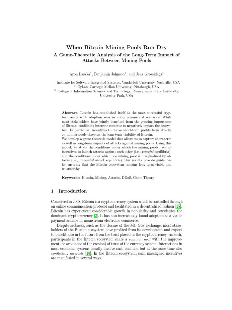 A Game-Theoretic Analysis of the Long-Term Impact of Attacks Between Bitcoin Mining Pools | PDF ...