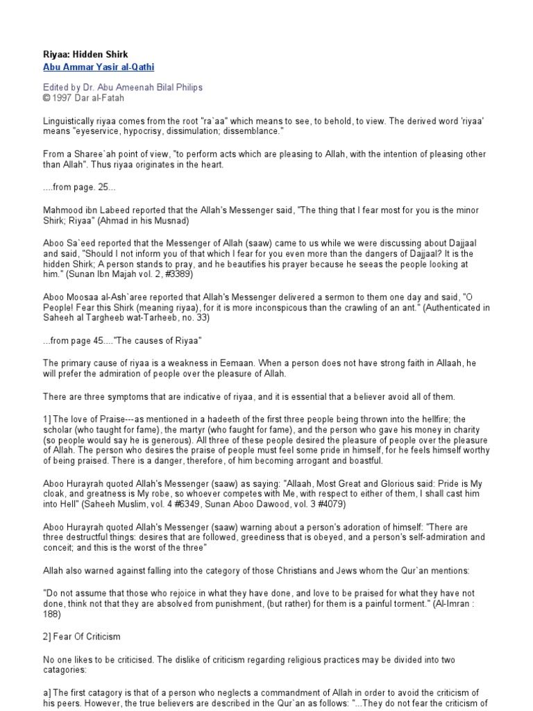 Riyaa - Hidden Shirk | PDF | Religious Behaviour And Experience ...