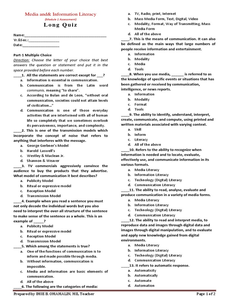 Grade 12 Media Literacy Quiz | PDF | Mass Media | Communication