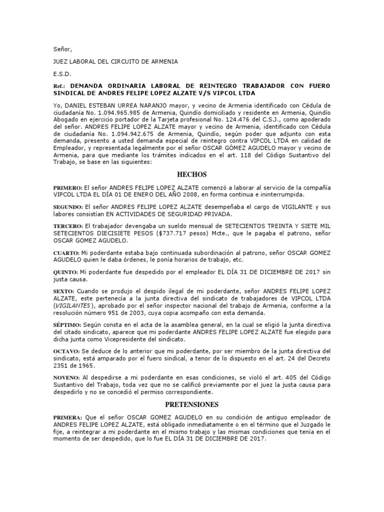 Demanda de Reintegro Al Trabajador Con Fueron Sindical - Minuta | PDF | Sindicato | Demanda judicial