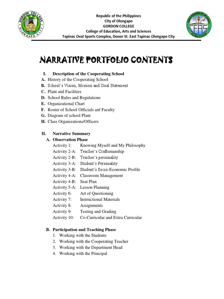Narrative Portfolio Contents | PDF | Teachers | Classroom