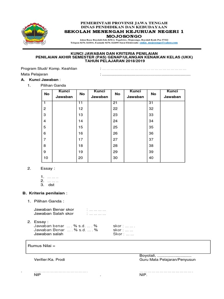 Form Kunci Jawaban Kriteria Penilaian PAS GNP 1819 | PDF