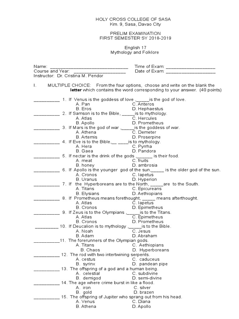 Mythology and Folklore Exam Guide | PDF | Hector | Trojan War