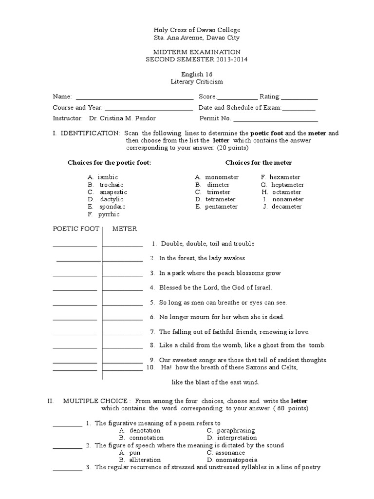 Midterm Examination in Literary Criticism: Identification of Poetic ...