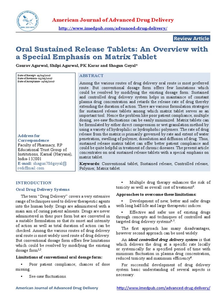 Oral Sustained Release Tablets An Overview With A Special Emphasis On Matrix Tablet Tablet