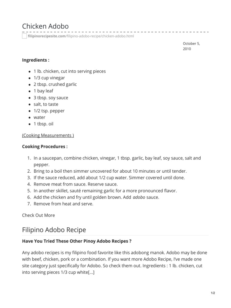 Chicken Adobo Recipe and Ingredients | PDF | Philippine Cuisine | Cuisine