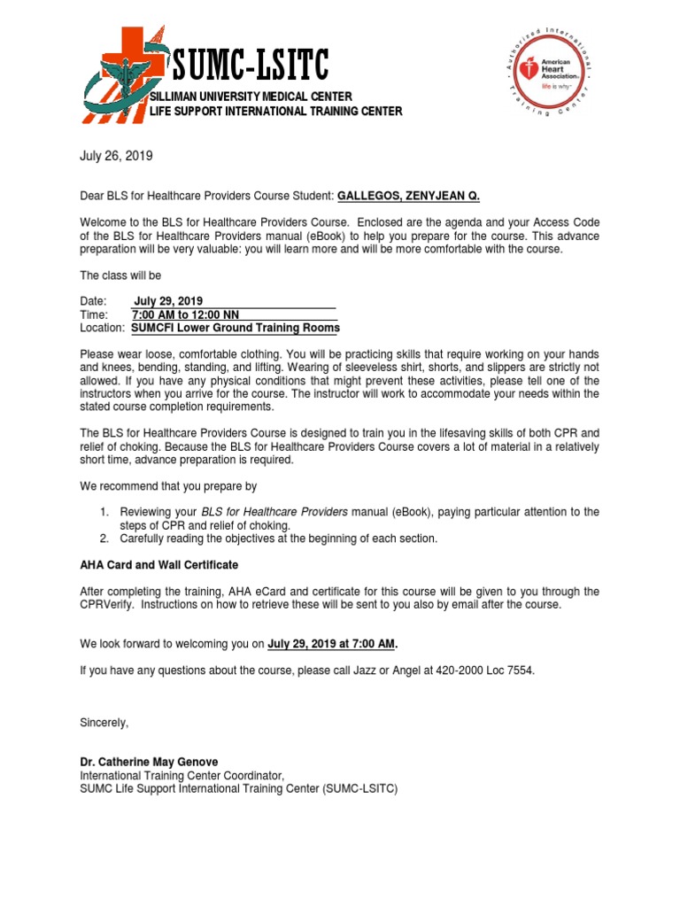 SUMC-LSITC BLS Course Welcome Letter | PDF