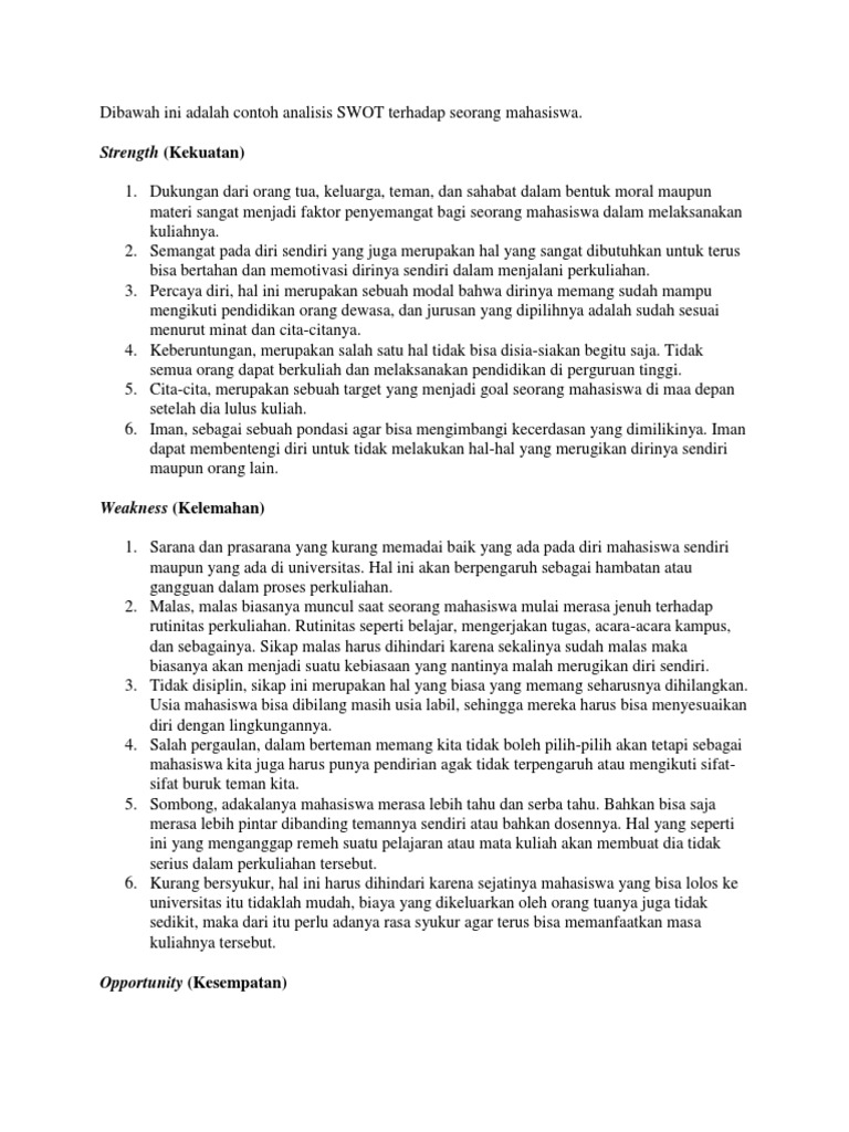 Dibawah Ini Adalah Contoh Analisis SWOT Terhadap Seorang Mahasiswa | PDF
