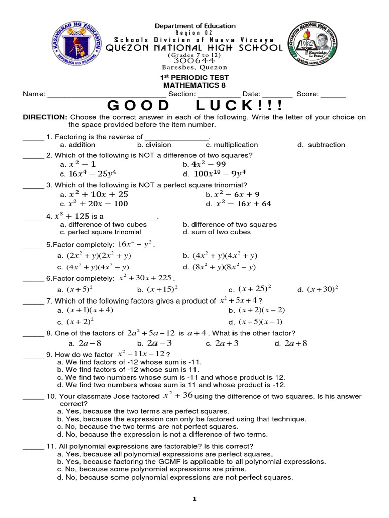 Good Luck!!!: 1 Periodic Test Mathematics 8 | PDF | Subtraction ...