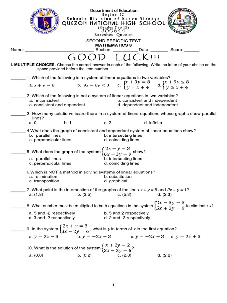Good Luck!!!: Mathematics 8 | PDF | System Of Linear Equations | Line ...