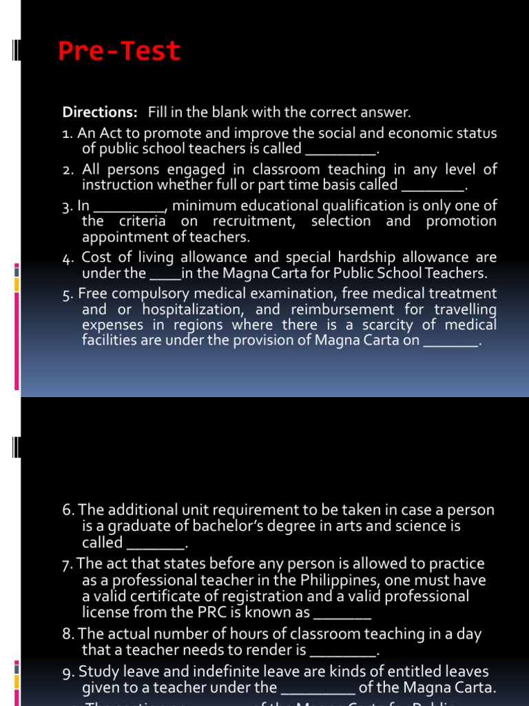 Pre-Test: Directions: Fill in The Blank With The Correct Answer | PDF ...