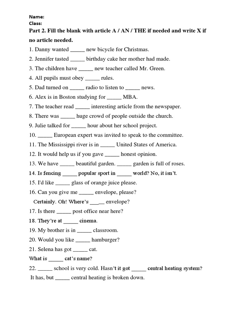 Name: Class: Part 2. Fill The Blank With Article A / AN / THE If Needed ...