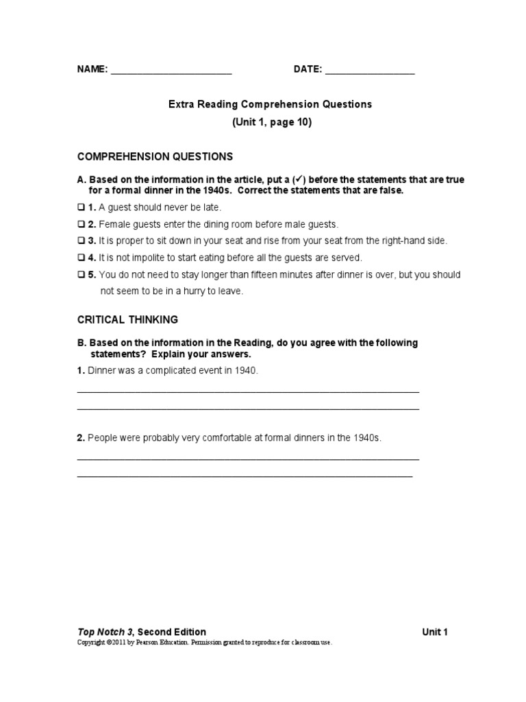 Extra Reading Comprehension Questions (Unit 1, Page 10) : Top Notch 3 | PDF | Racism ...