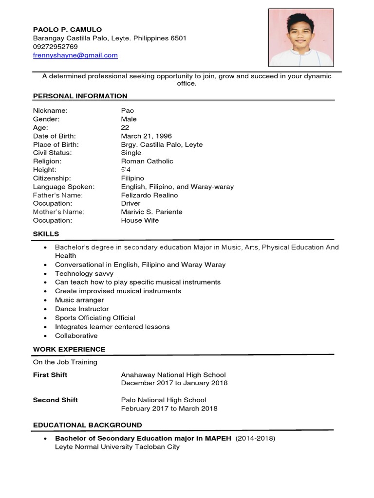 Sample Resume | PDF | Teachers | Cognition