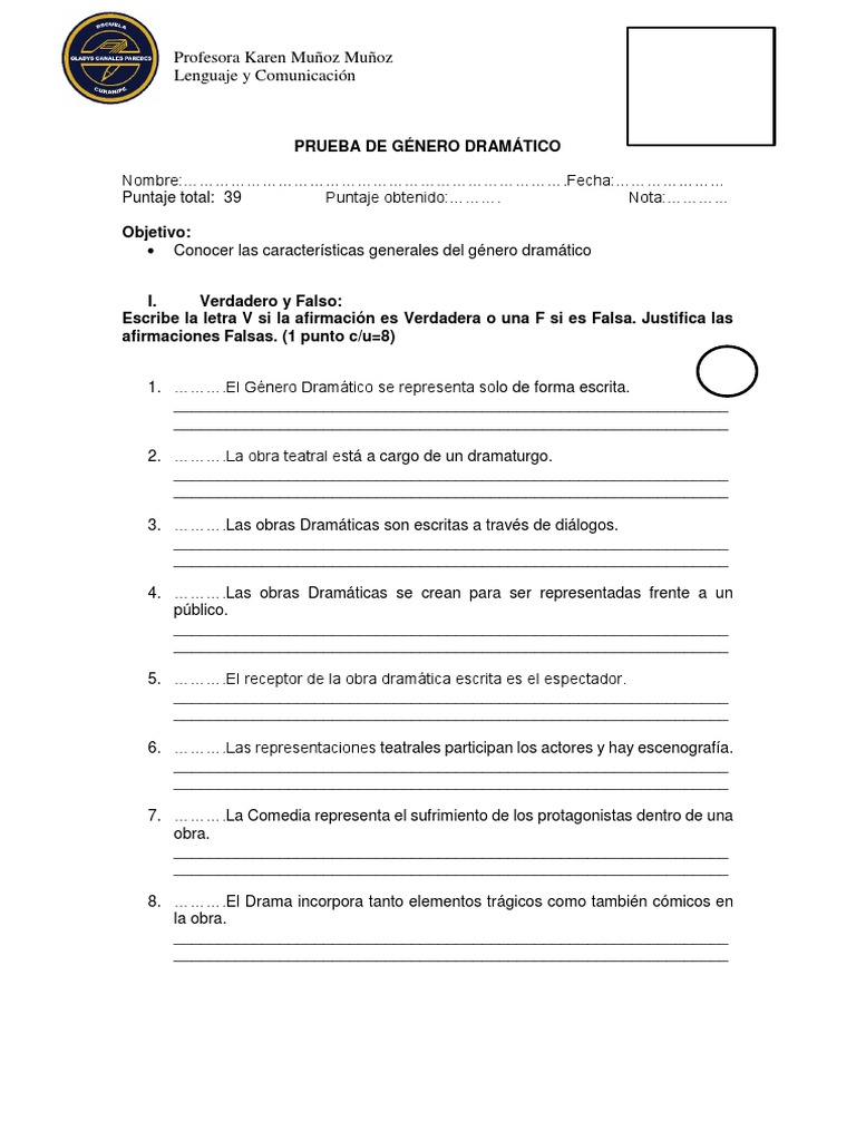 Prueba Genero Dramático Sexto | PDF | Teatro | Entretenimiento (general)