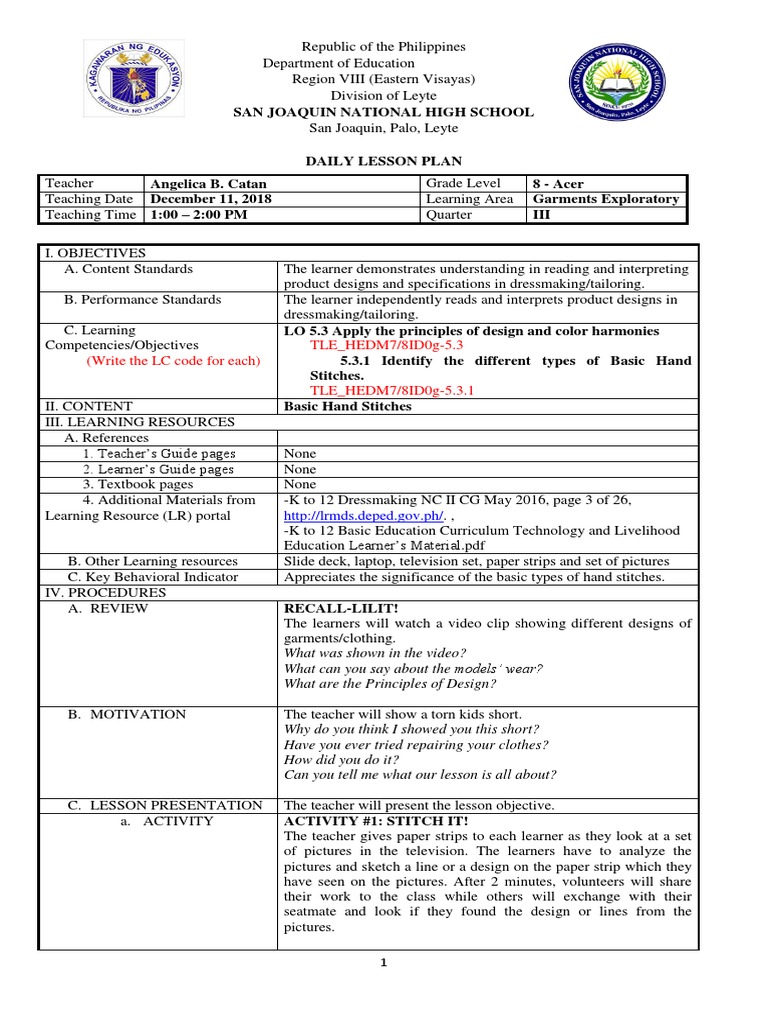 Grade 8 Dressmaking Lesson Plan | PDF | Lesson Plan | Learning