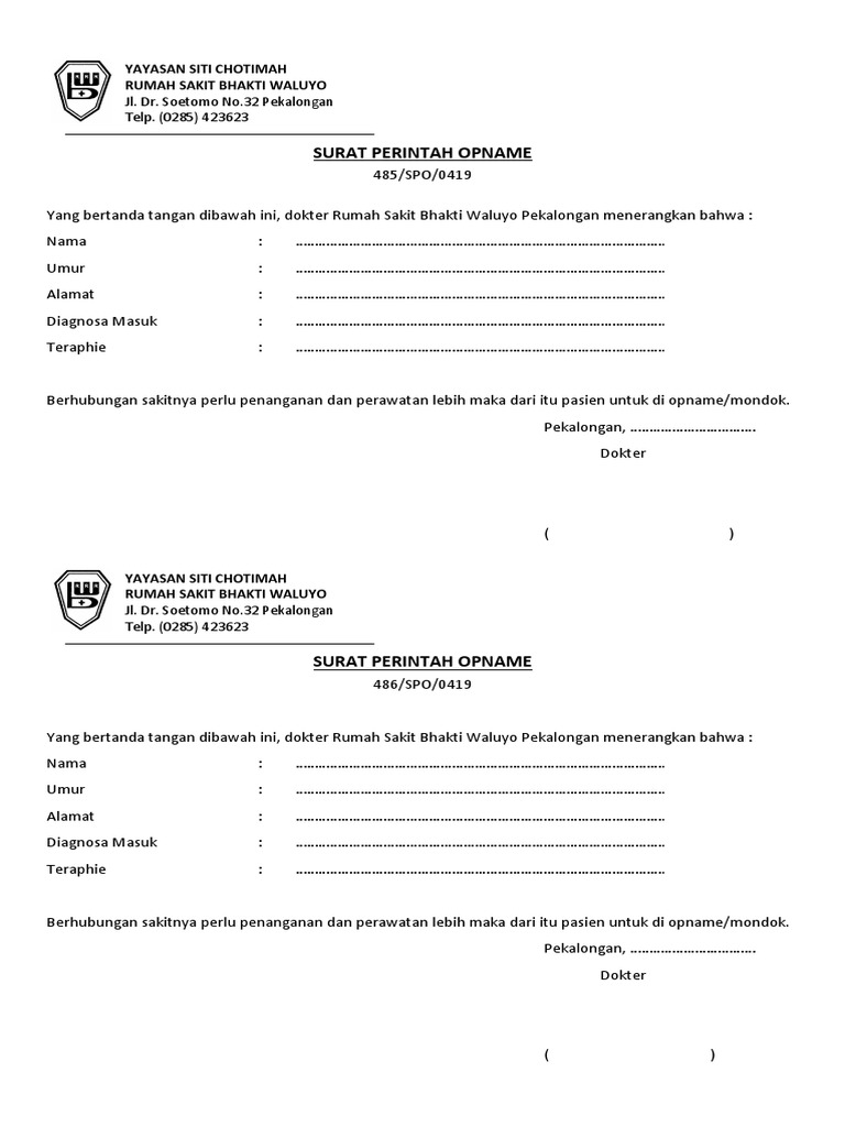 Surat Perintah Opname Pasien RS Bhakti Waluyo | PDF