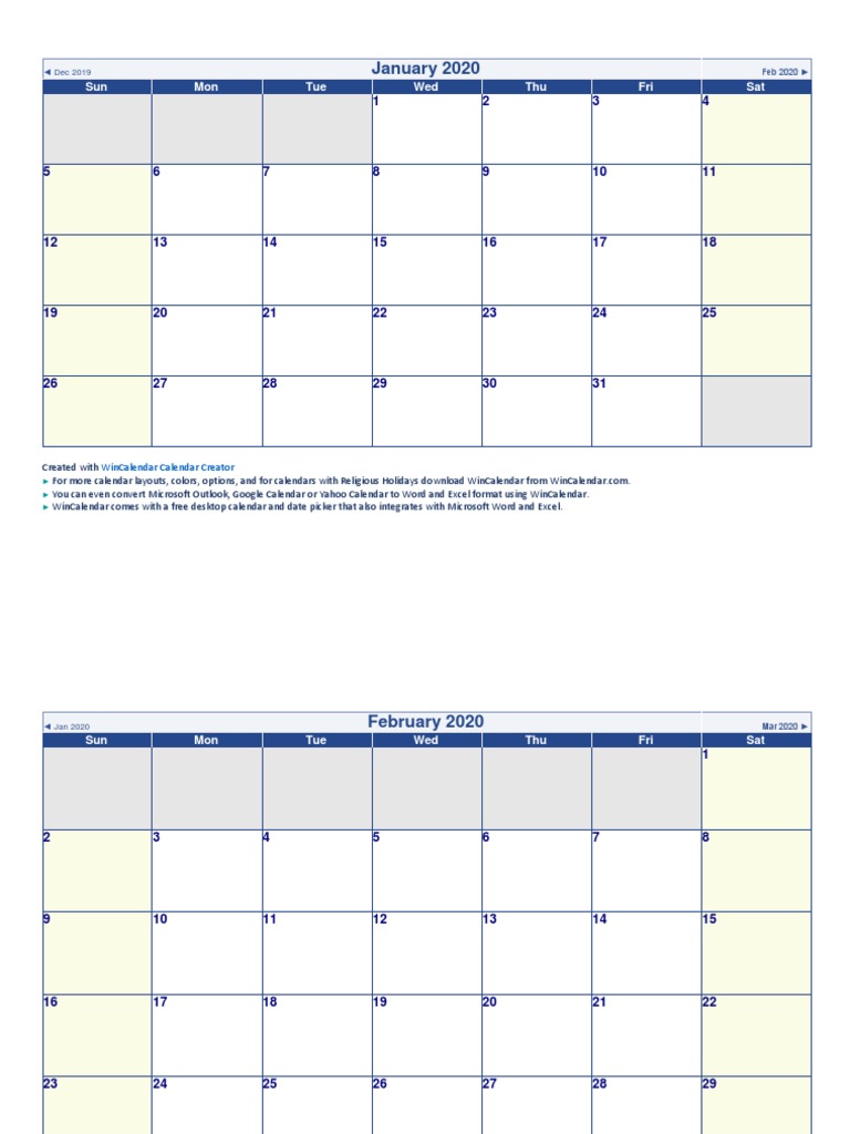 2020 Word Calendar | PDF | Microsoft | Software