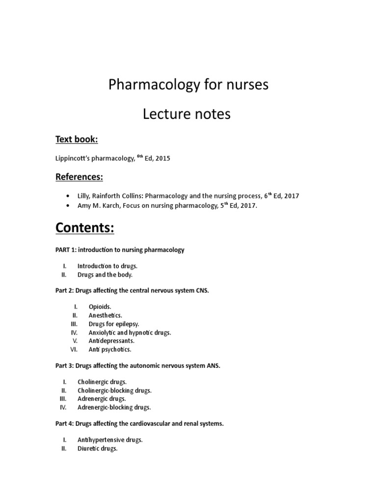 Pharmacology For Nurses Lecture Notes: Contents | PDF ...